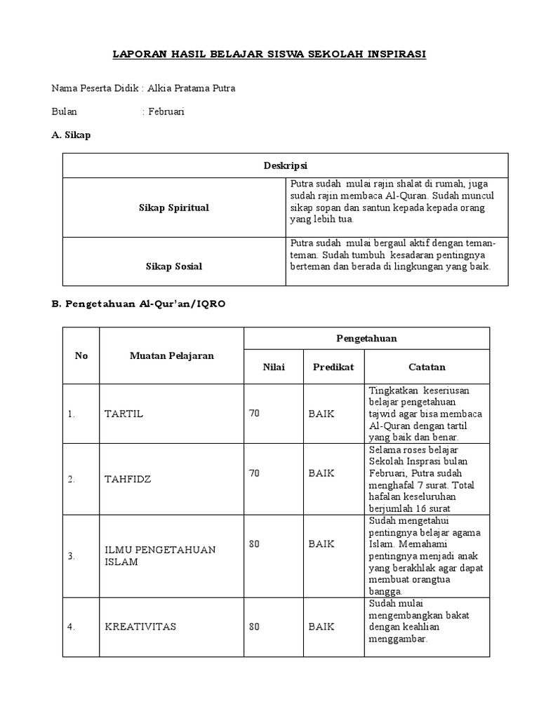 Contoh Rapor SD Mi | PDF