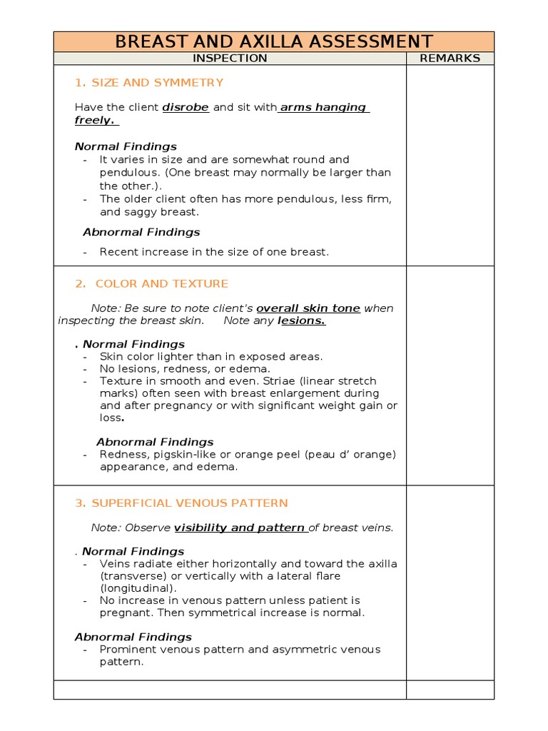 Breast and Axilla Assessment | PDF | Nipple | Breast