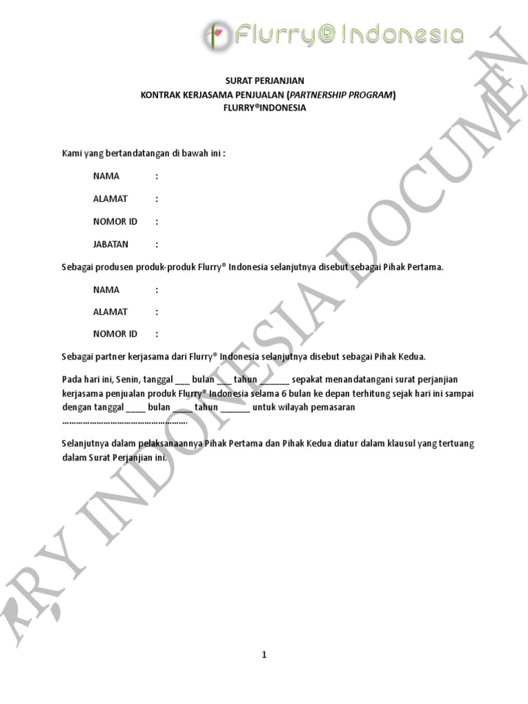 Surat Perjanjian Kontrak Kerjasama Penjualan Partnership Program Flurry ...