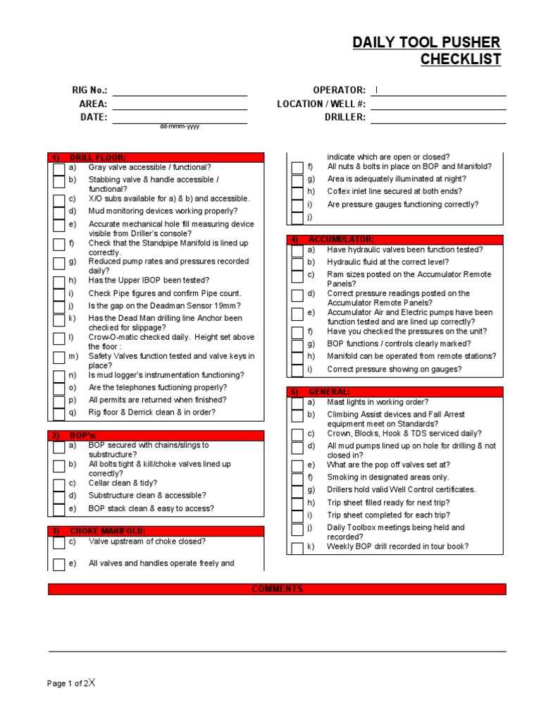 Daily Tool Pusher Checklist | Download Free PDF | Valve | Manufactured ...