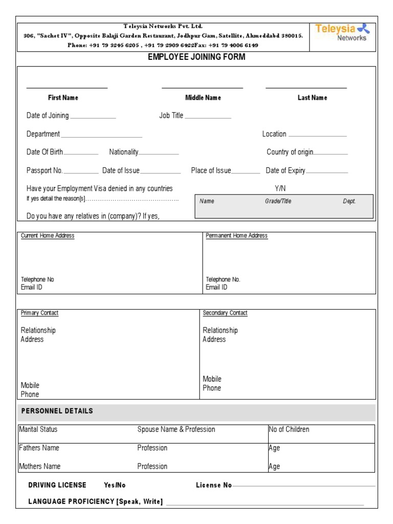Teleysia Employee Joining Form | PDF | Business