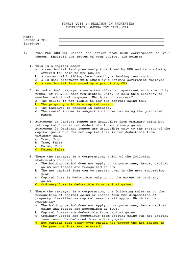 Finals Quiz 1 Dealings in Properties Answer Key | PDF | Capital Gains ...