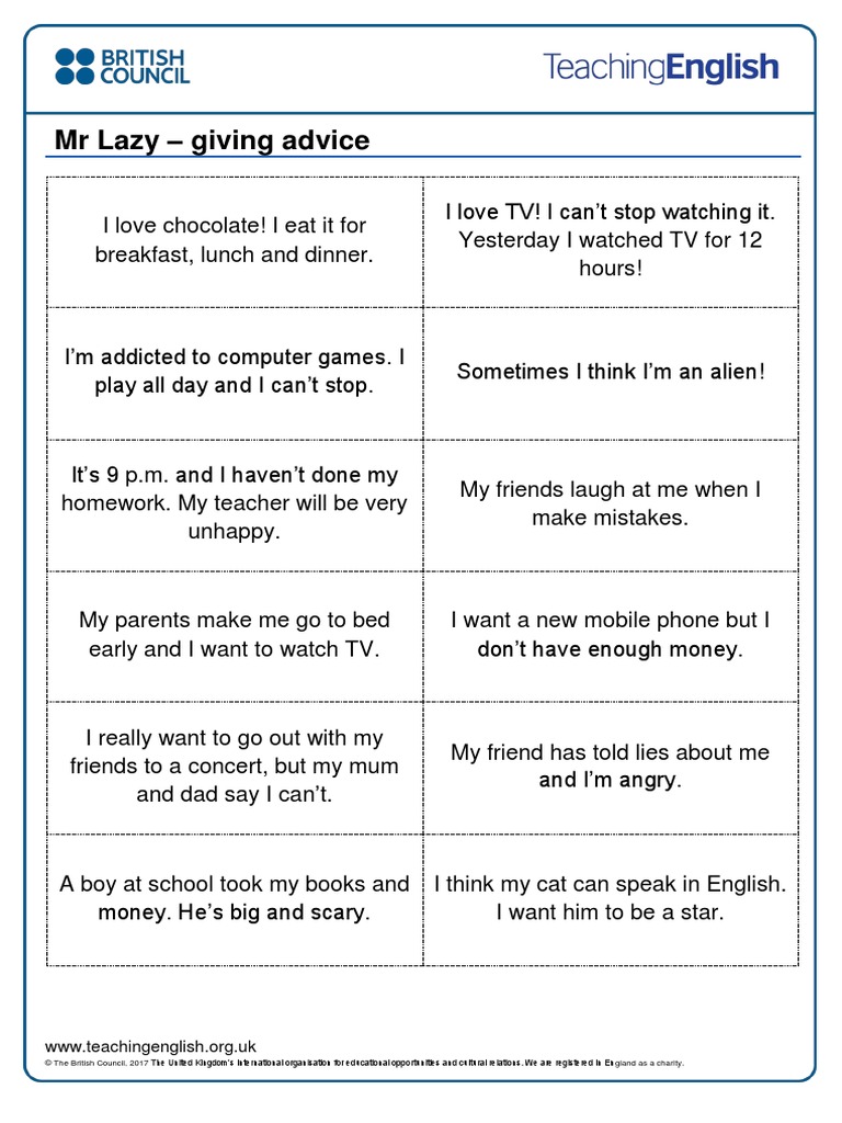 Teaching Kids MR Lazy Giving Advice Problem Cards | PDF