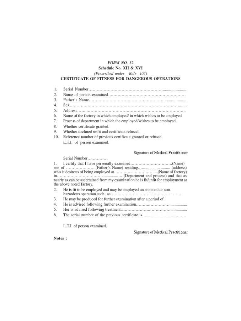 Form No, 32 - Certificate of Fitness by Medical Practitioner ...