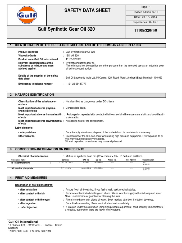Gulf Synthetic Gear Oil 320 PDF | PDF | Firefighting | Toxicity