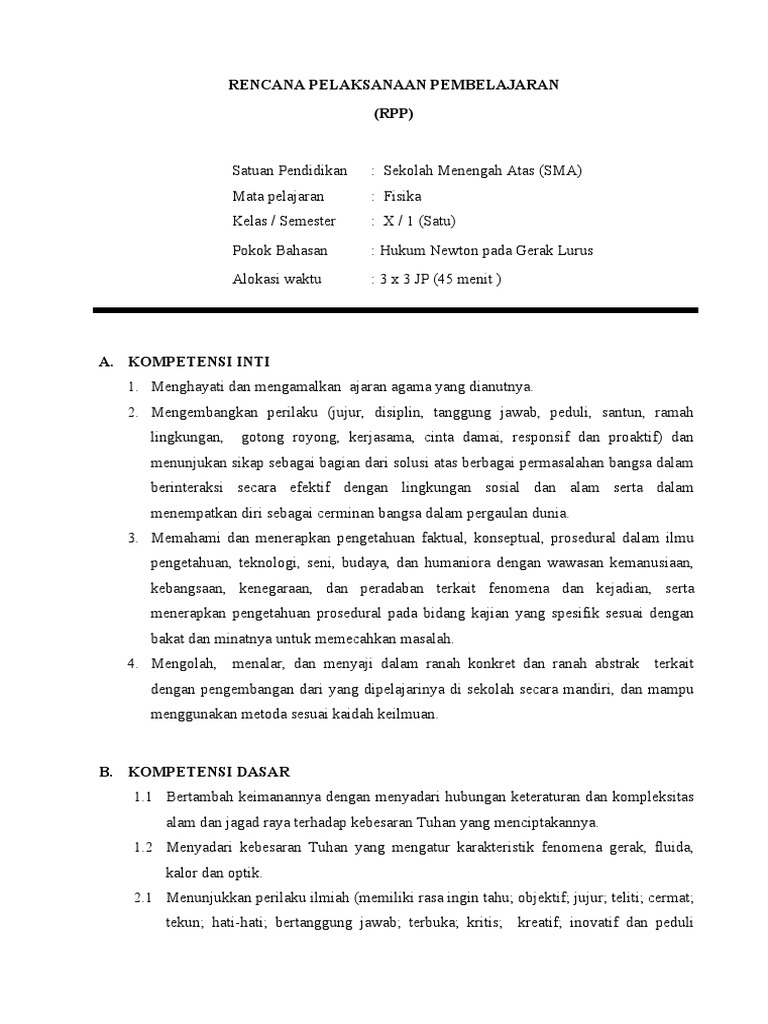 RPP Kelas X KD 3 7 Hukum Newton | PDF