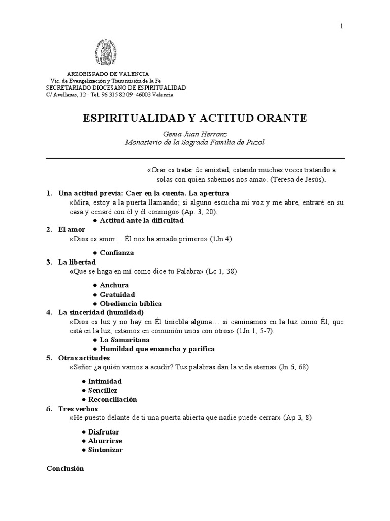 Conferencia ESPIRITUALIDAD Y ACTITUD ORANTE Gema Juan | PDF | Oración ...