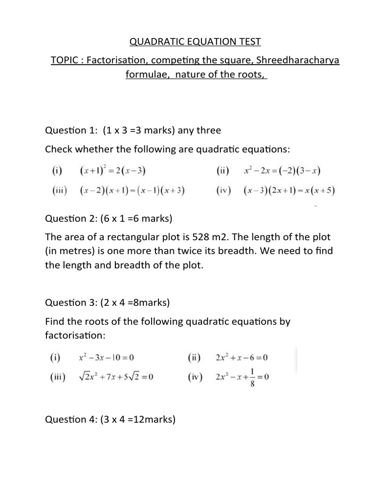 Test Math Quadratic Equation | PDF