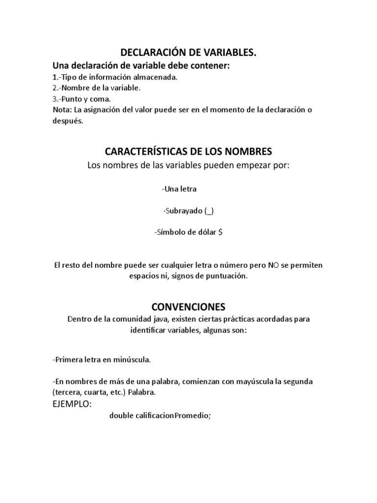 Declaración de Variables | PDF | Java (lenguaje de programación ...