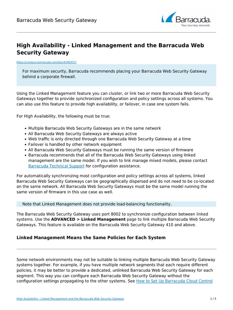 High Availability - Linked Management and The Barracuda Web Security Gateway | PDF | Load ...