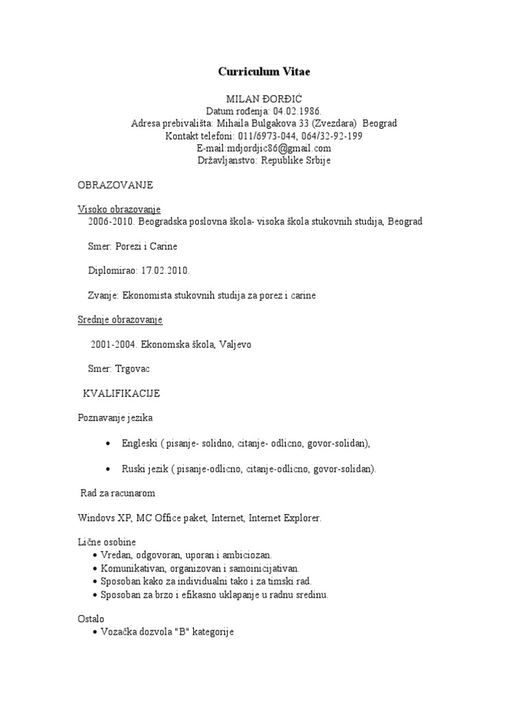 Moj CV | PDF