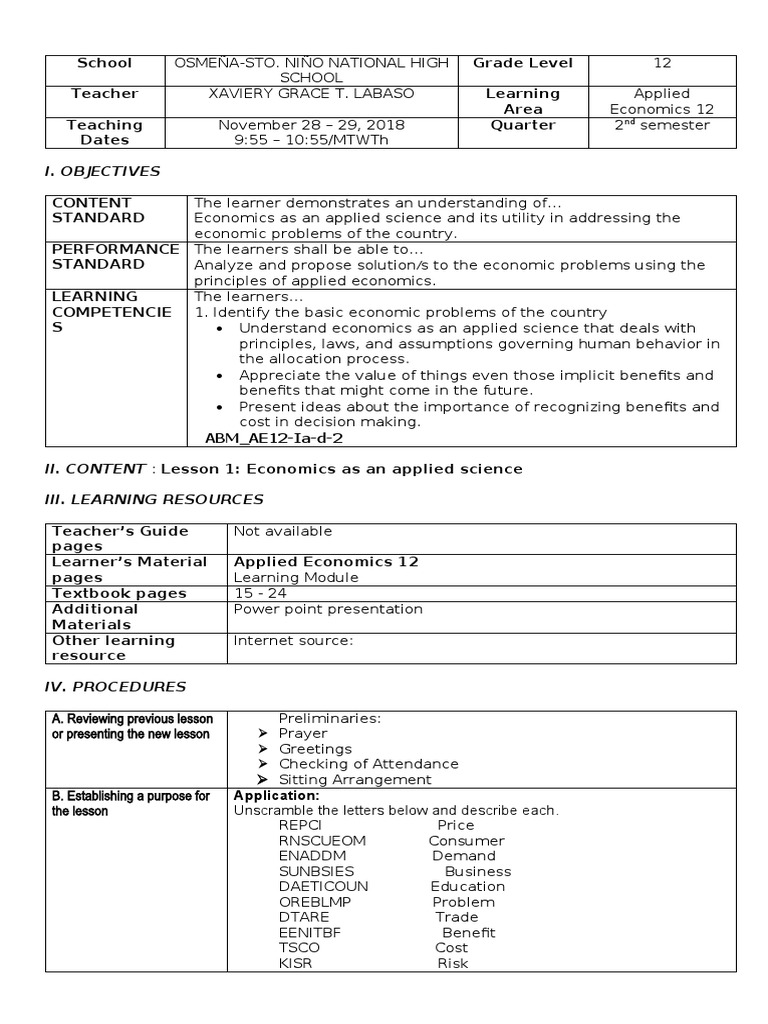 Lesson Plan Applied Economics 2 | PDF | Economics | Valuation (Finance)