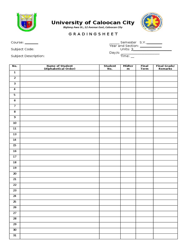 Blank Grading Sheet