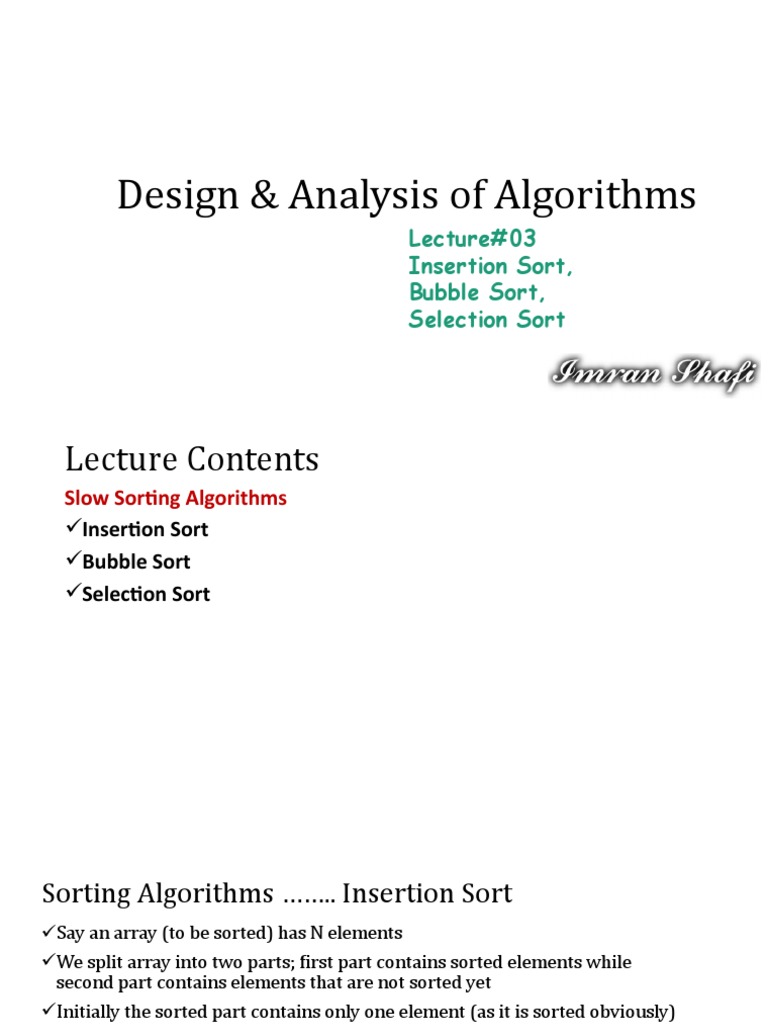 Lecture#03, DAA, Insertion Sort, Bubble Sort, Selection Sort | PDF ...
