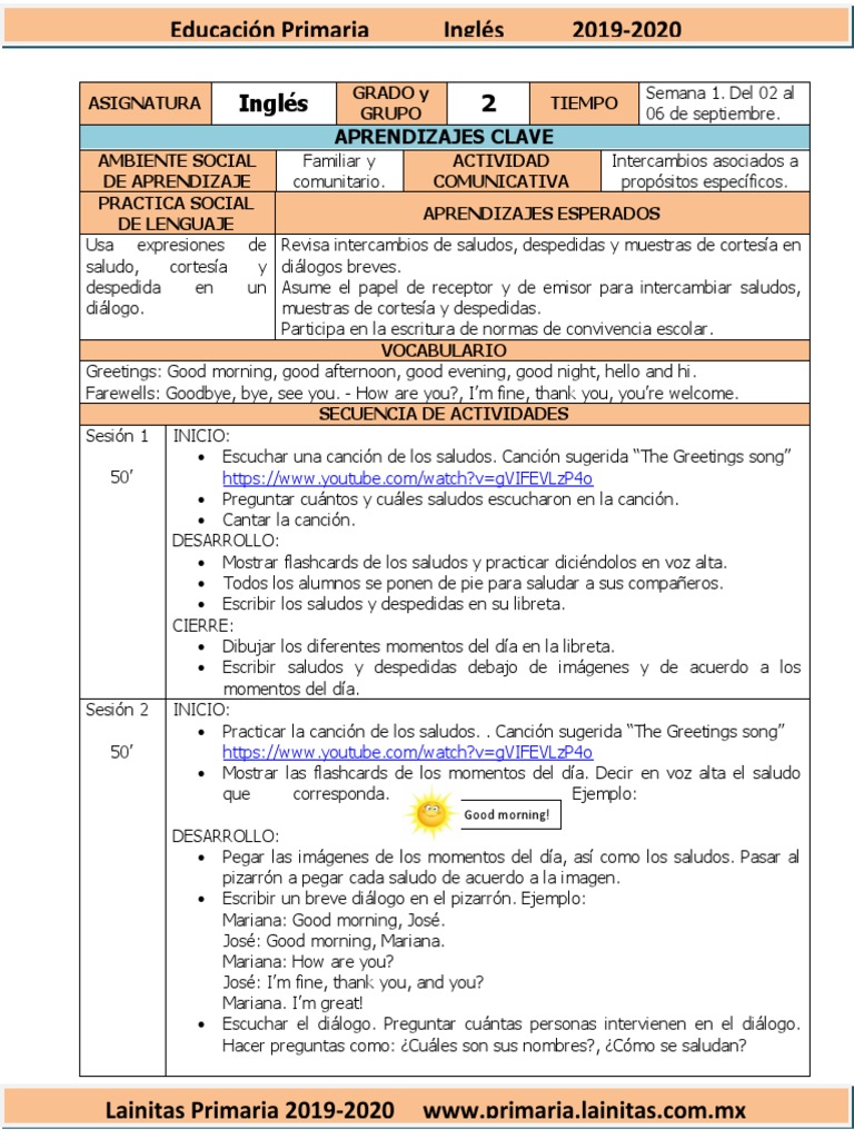 Septiembre - 2do Grado Inglés (2019-2020) | PDF | Educación primaria ...