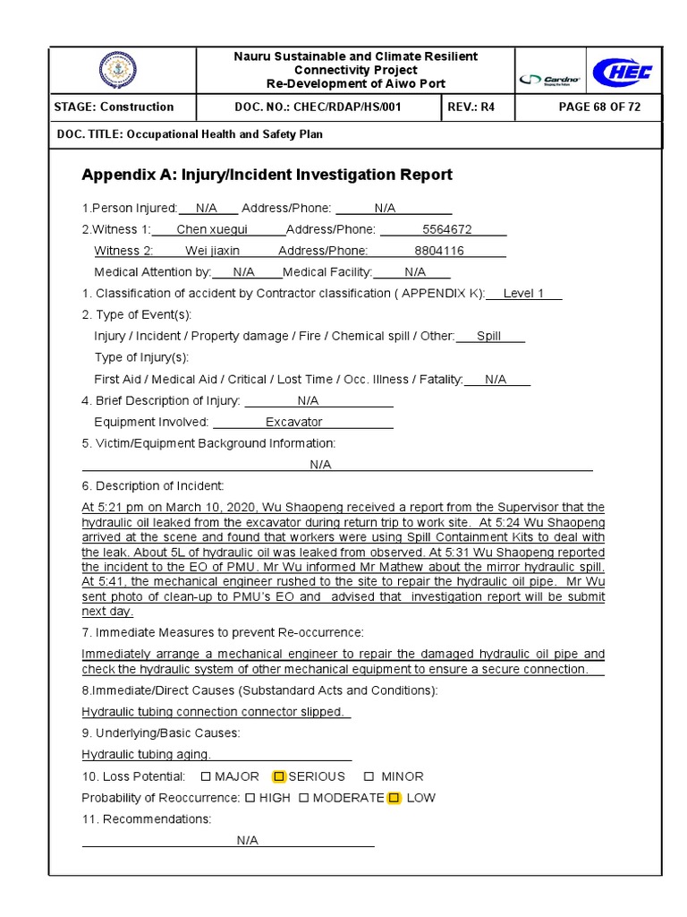 Hydraulic Oil Spill Incident Report | PDF | First Aid | Prevention