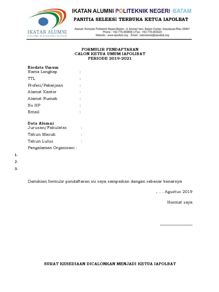 Formulir Pendaftaran Calon Ketua Iapolbat | PDF Formulir Pendaftaran Calon Ketua Iapolbat | PDF