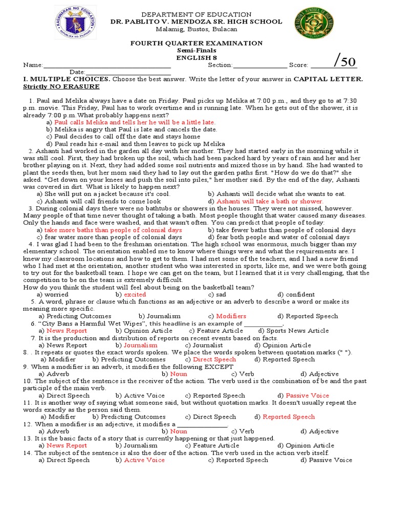 Answer Key Semi Finals English 8 Pdf Verb Adverb