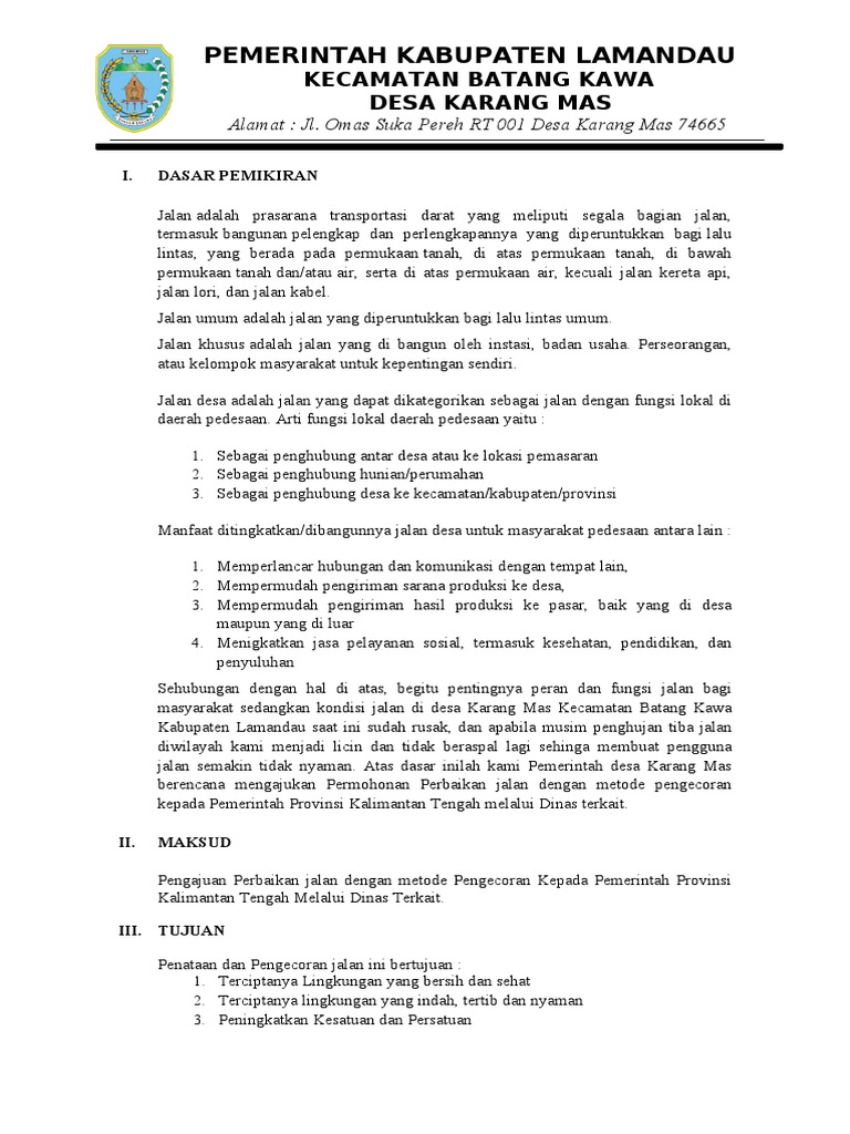 Proposal Perbaikan Jalan Desa Karang Mas Pdf
