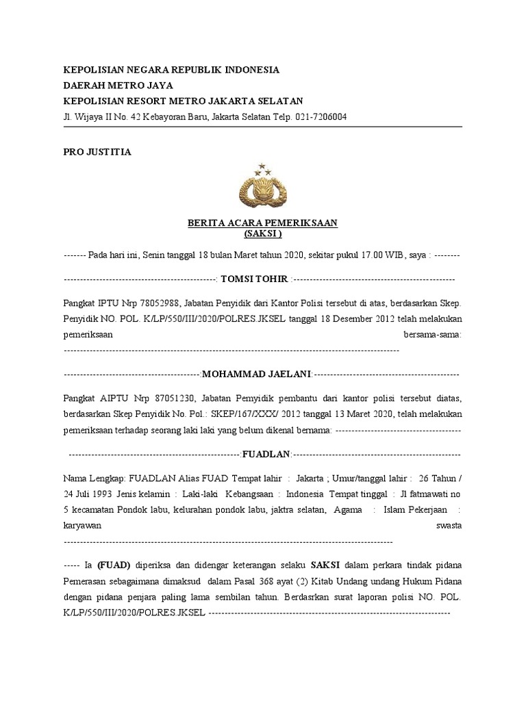 Surat Bap Saksi 1 | PDF