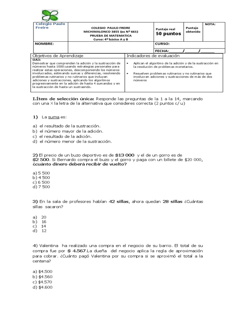 Prueba Matematica 4º Basico Mayo 2017 | PDF | Sustracción | Enseñanza ...
