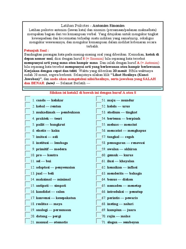 Latihan Psikotes Antonim-Sinonim | PDF