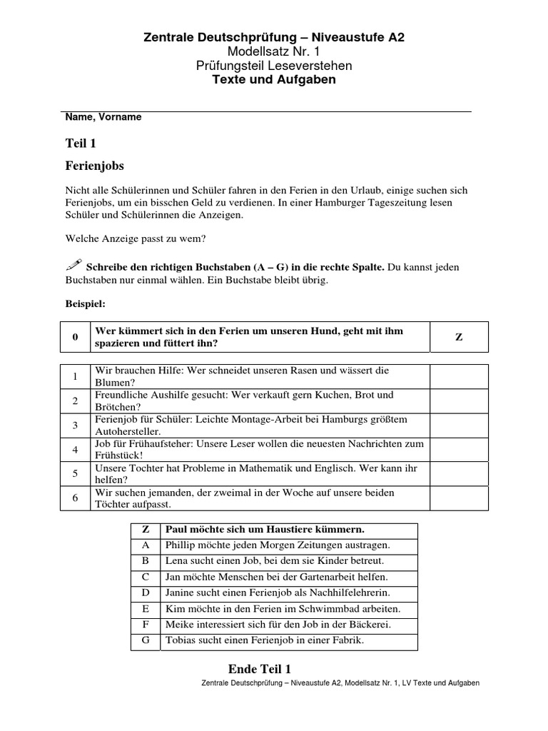 A2 Modellsatz Nr. 1, LV Texte Und Aufgaben | PDF