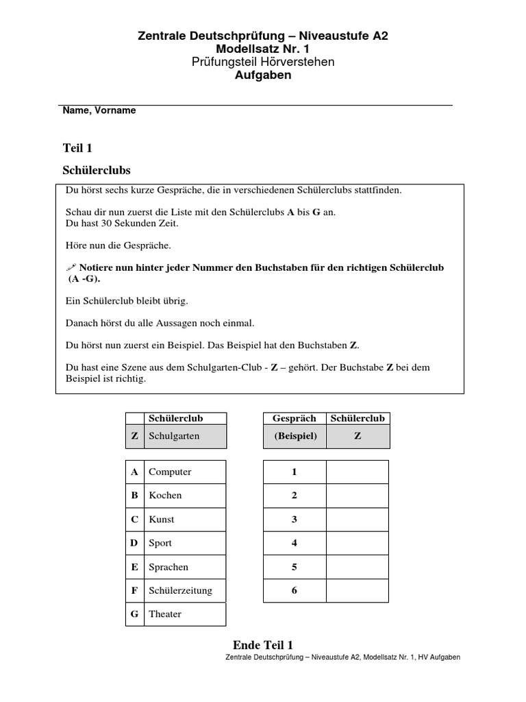 A2 Modellsatz Nr. 1, HV Aufgaben PDF | PDF