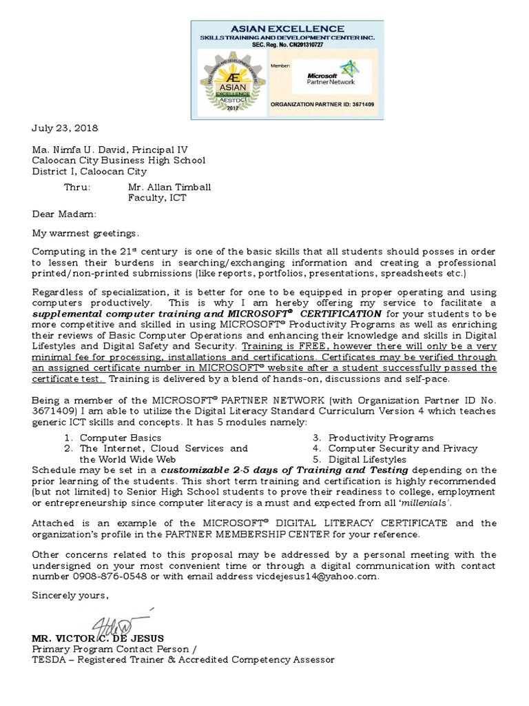 Letter of Proposal To CCBHS ICT For Microsoft Certificate On Digital Literacy 1 | PDF ...