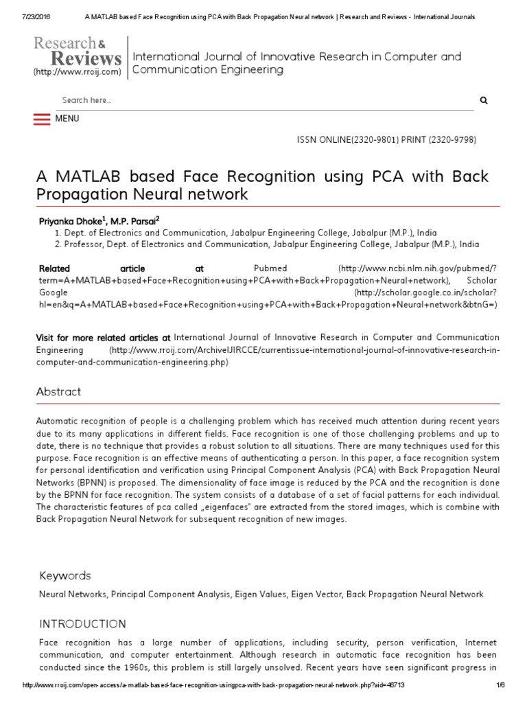 A Matlab Based Face Recognition Using Pca With Back Propagation Neural Network Research And