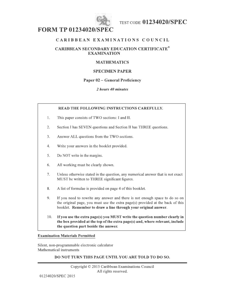 CXC Math Specimen Paper | PDF