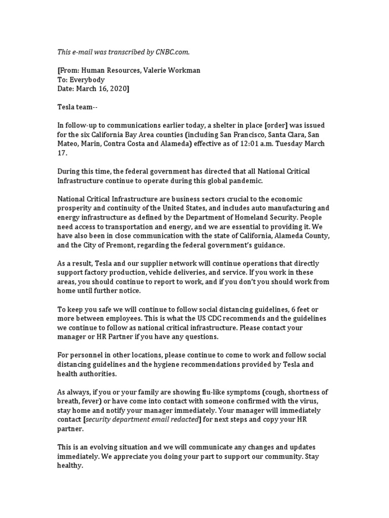 Tesla HR Email On Covid19 March16, 2020 | PDF