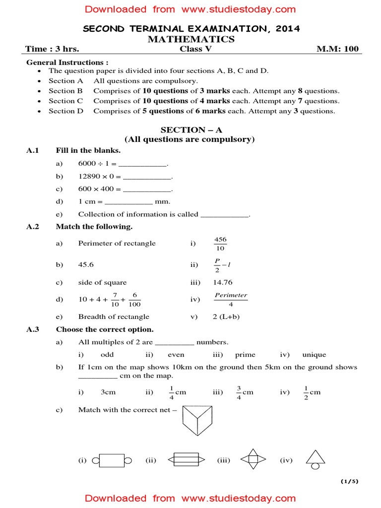 CBSE Class 5 Maths Sample Paper SA2 2014 | PDF | Area | Teaching ...