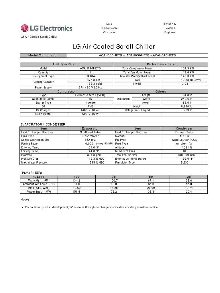 LG Air Cooled Scroll Chiller Specs | PDF | Heat Exchanger | Energy ...