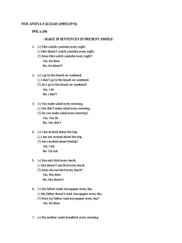 20 Sentences in Present Simple | PDF | Eating Behaviors Of Humans ...