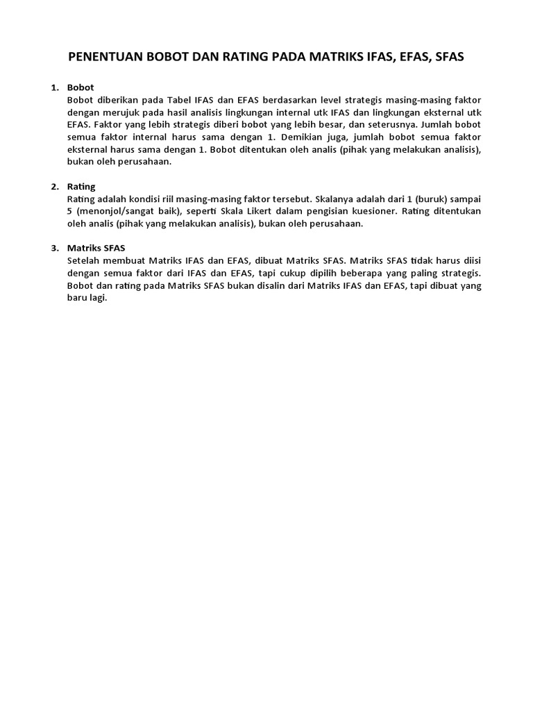 Penentuan Bobot Dan Rating Pada Matriks IFAS, EFAS, SFAS | PDF