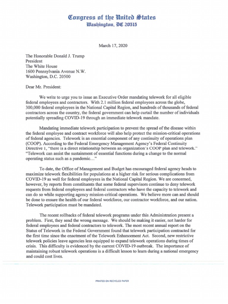 House Letter Demanding Telework Executive Order | PDF