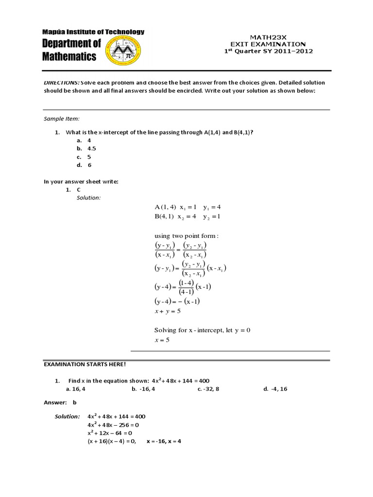 Math Exit Examination for First Quarter Students | PDF | Cartesian ...