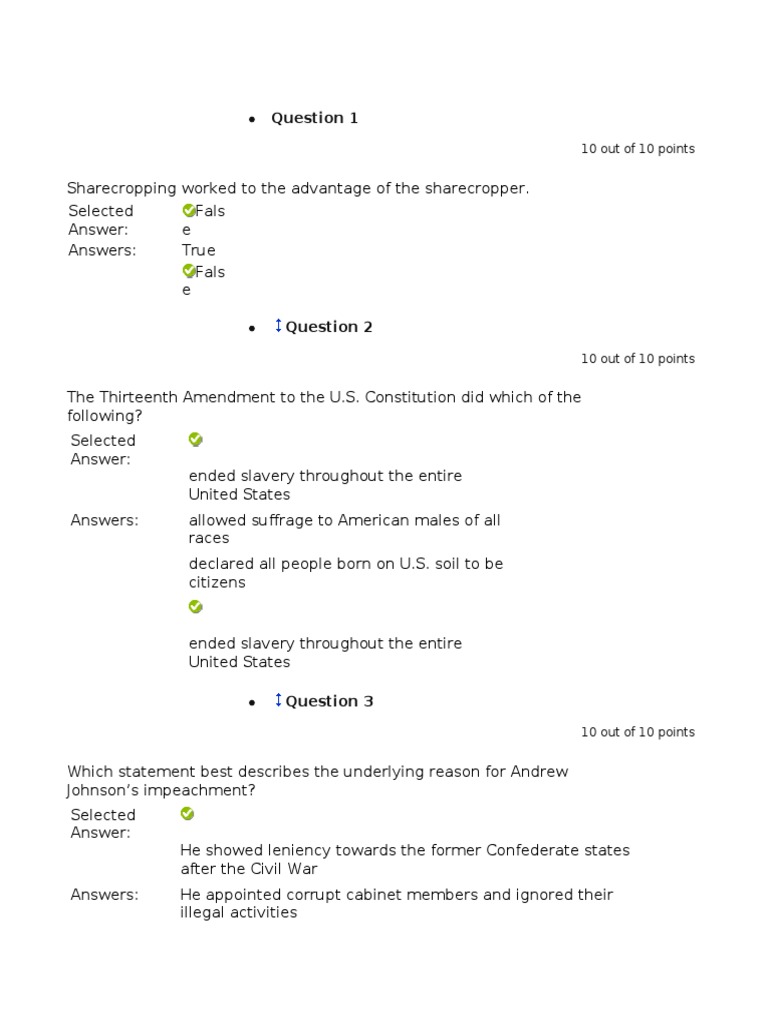 CH 16 Quiz | PDF | Reconstruction Era | American Civil War