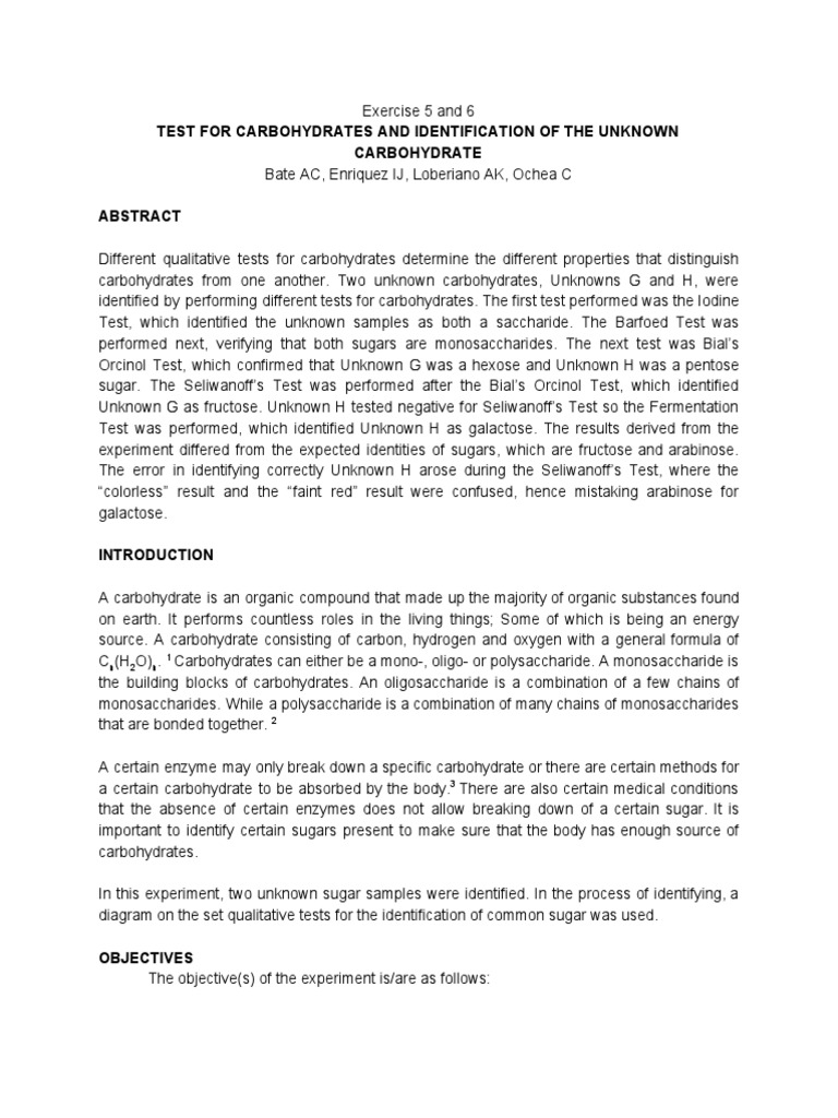 Carbohydrate Identification Lab Report | PDF | Carbohydrates | Fructose