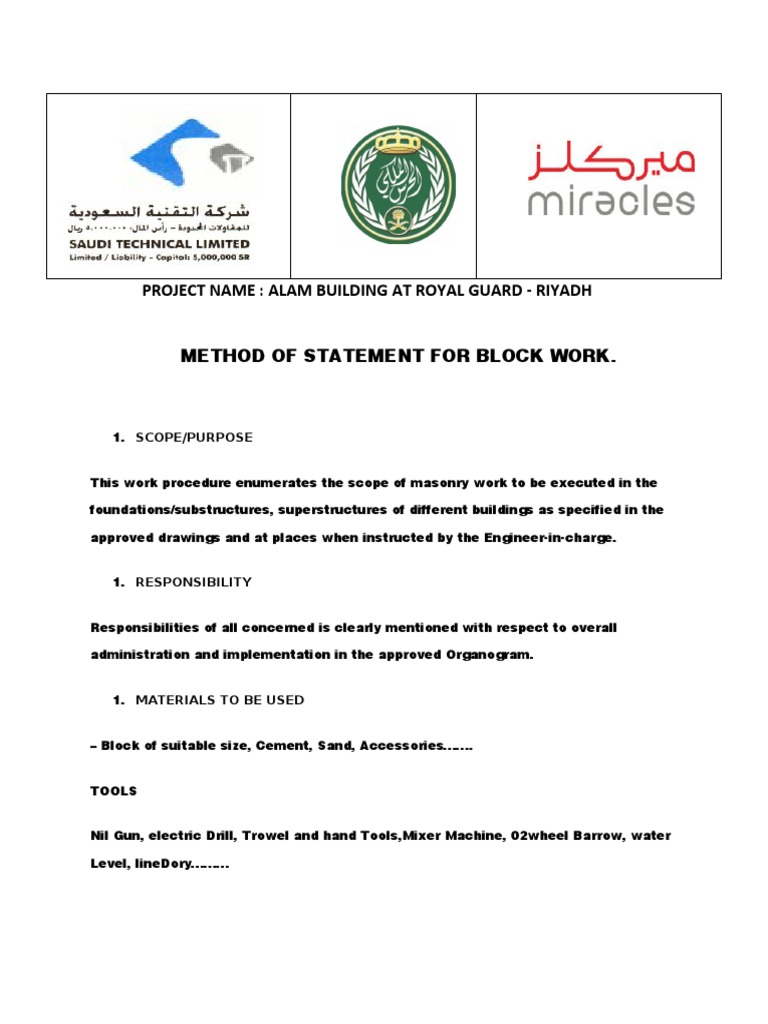 Work Method Statement For Block Work | PDF | Masonry | Mortar (Masonry)