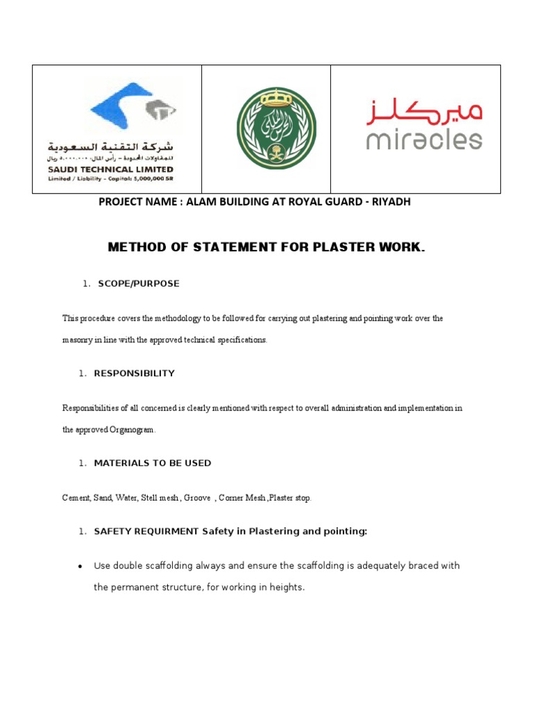 Work Method Statement For Plaster | PDF | Plaster | Concrete
