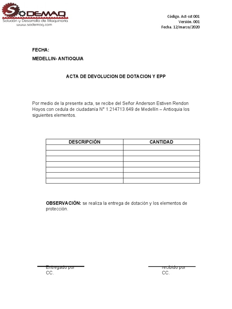 Acta de Entrega y Devolución de Dotación | PDF