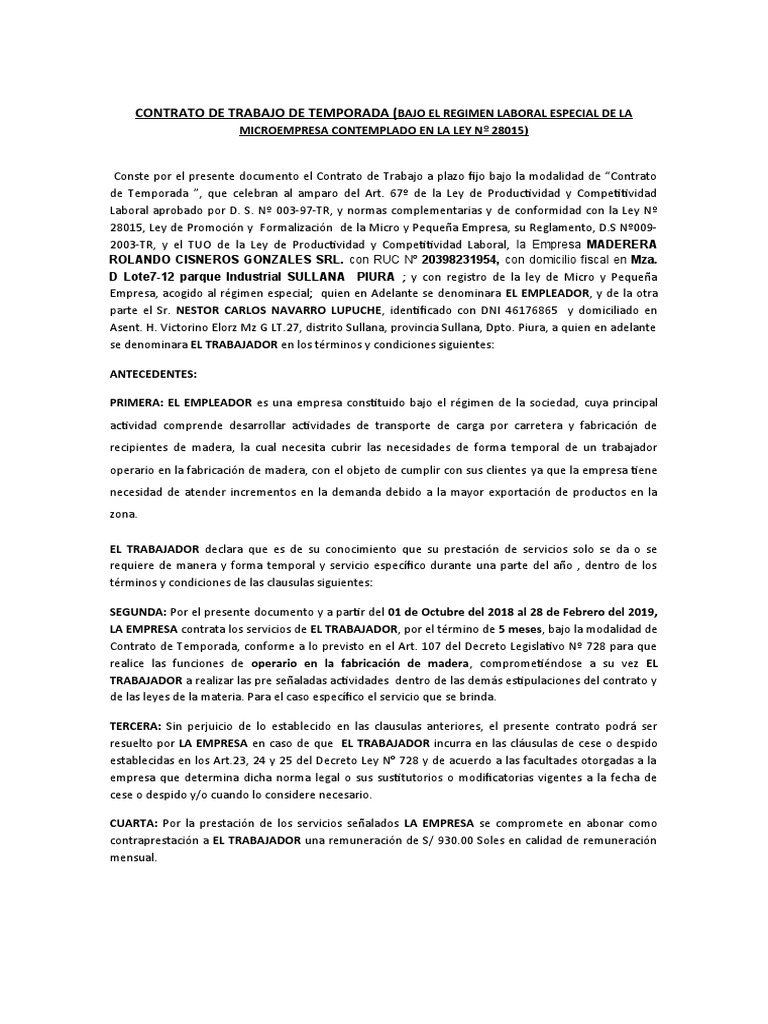 Contrato de Trabajo Micro Empresa | PDF | Derecho laboral | Conceptos ...
