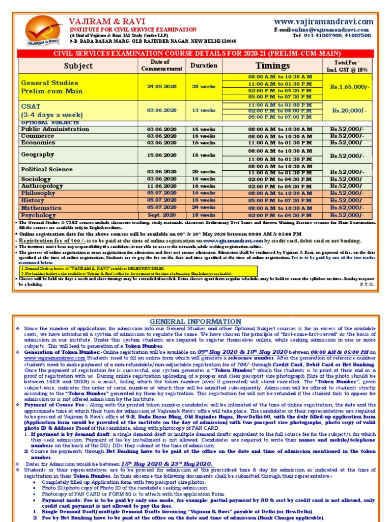 May 2020 Vajiram Classroom Courses Fee Structure PDF | PDF | Payments ...
