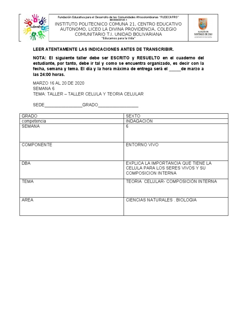 Taller sobre Teoría Celular para Sexto | PDF | Microscopio | Biología ...