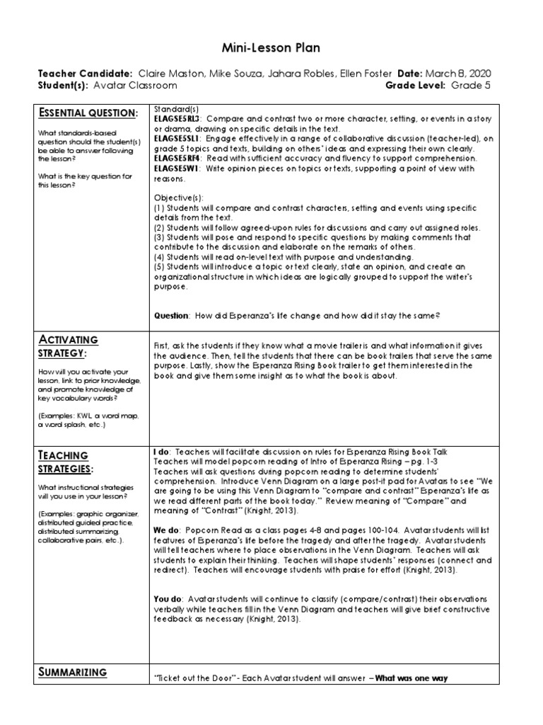 Esperanza Rising Ece 3330 Mini-Lesson Plan | PDF | Reading ...