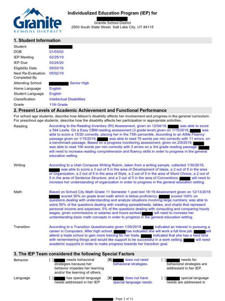 Iep Redacted | PDF | Individualized Education Program | Special Education