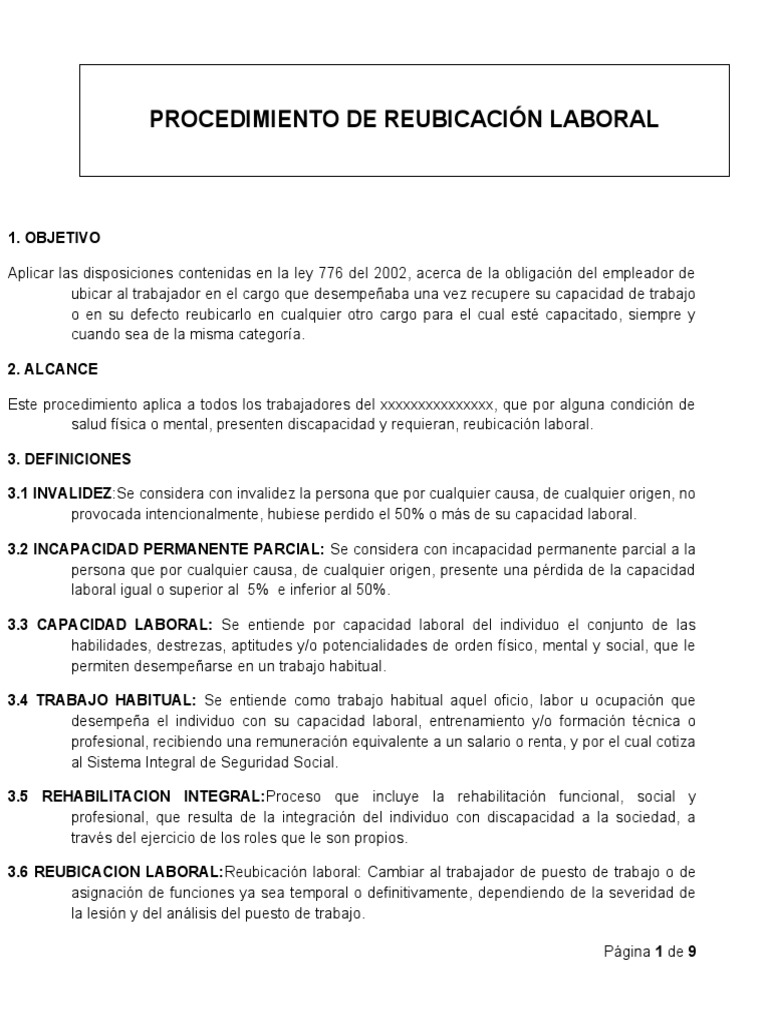 Procedimiento Reubicacion Laboral | PDF | Invalidez | Derecho laboral