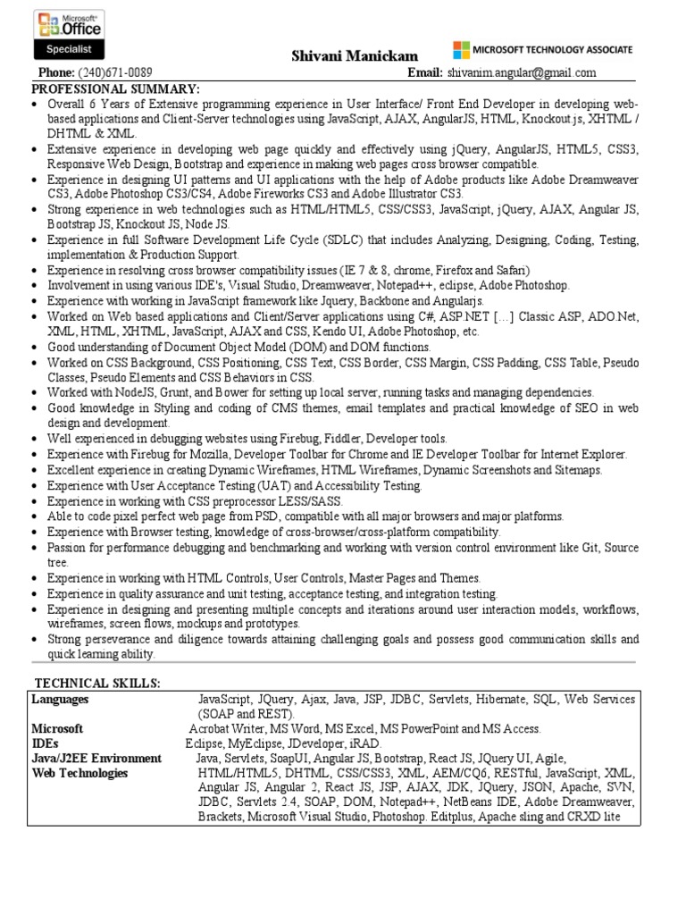 Dice Resume CV Shivani Manickam | PDF | Angular Js | Ajax (Programming)